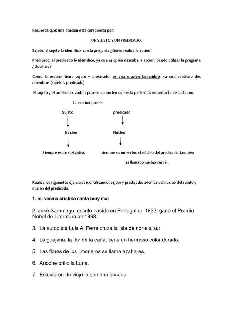 Como Identificar Al Nucleo Del Sujeto y Al Nucleo Del Predicado | PDF ...