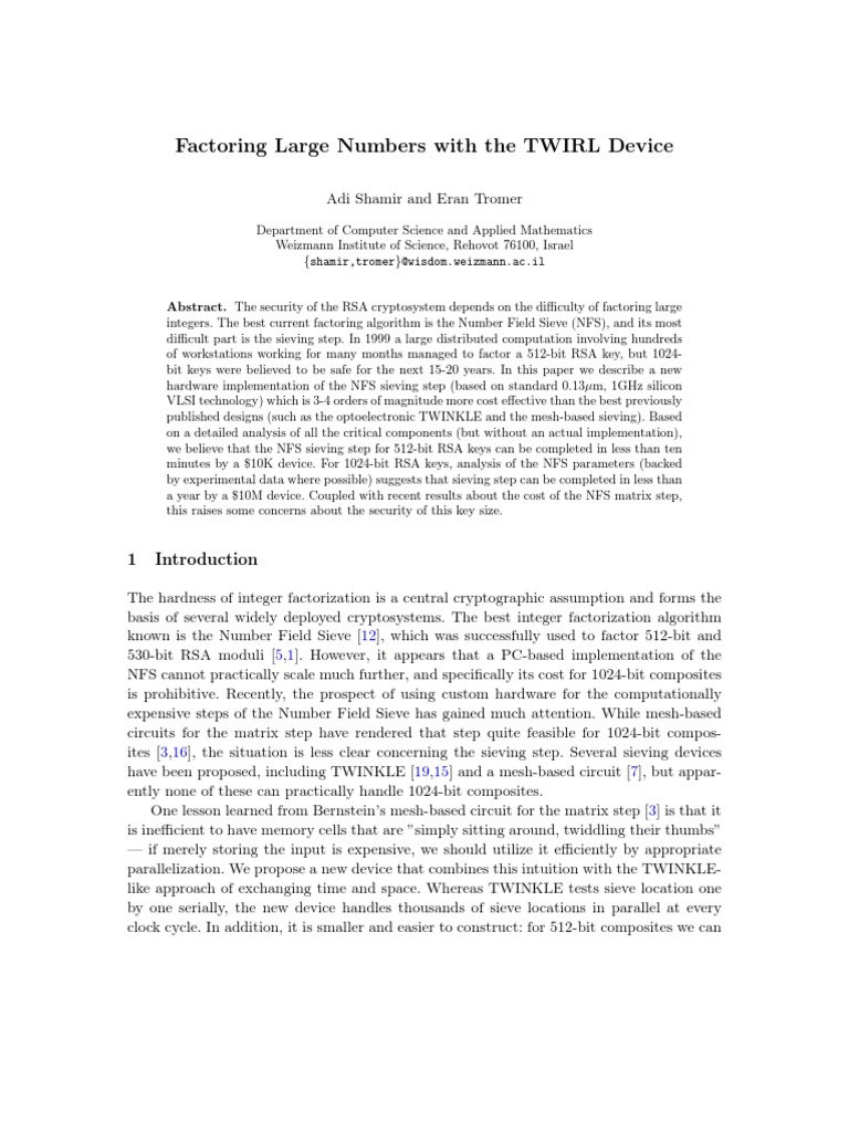 Factoring Large Numbers With The TWIRL Device | PDF | Cpu Cache ...
