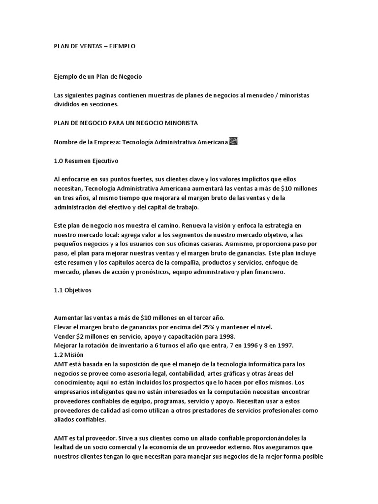 Plan De Ventas Ejemplo Pdf Precios Mercado Economía