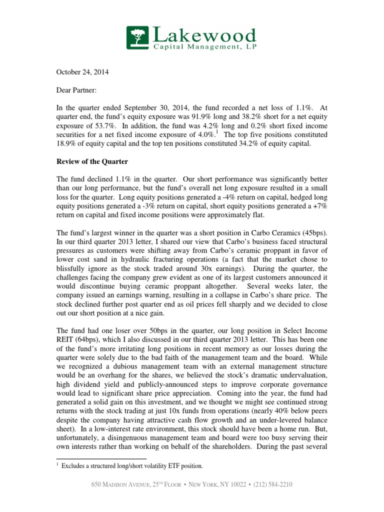 Quarterly Update and Investment Thesis: An Analysis of a Hedge Fund's ...