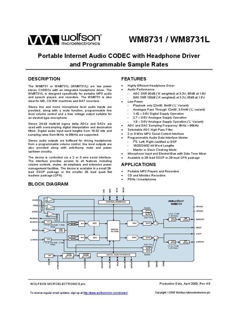 WM8731 PDF | PDF | Signal To Noise Ratio | Analog To Digital Converter