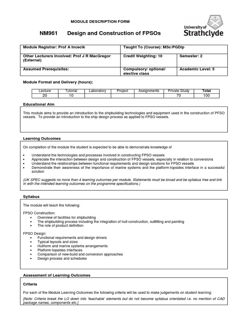 FPSO Design & Construction Module | PDF | Educational Assessment | Test ...