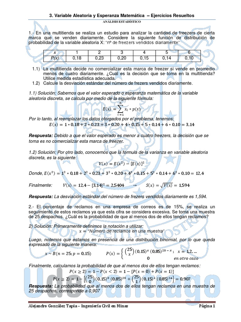 3.1 Variable Aleatoria Discretas y Distribuciones Discretas - Ejercicios Resueltos PDF | PDF ...