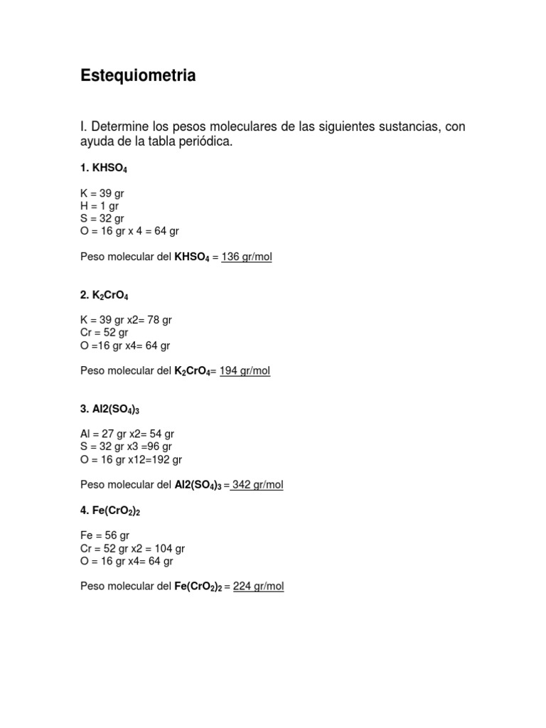 Hoja De Trabajo Sobre Estequiometría De Mole Y Mol: Respuestas Masa