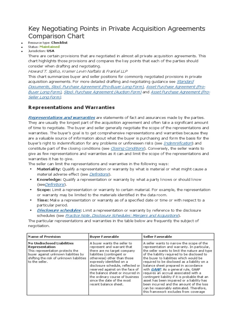 Key Negotiating Points in Private Acquisition Agreements Comparison ...