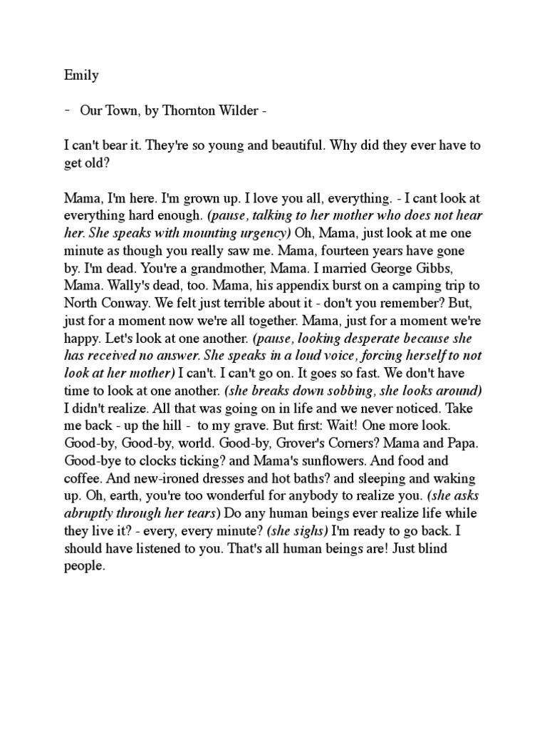 Emily's Farewell Monologue in Our Town | PDF | Mystery, Thriller ...