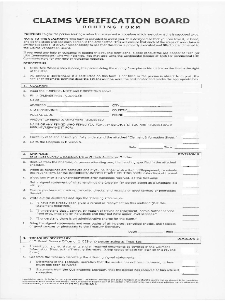 Church of Scientology Refund Form "CVB Routing Form" | PDF | Foreign ...
