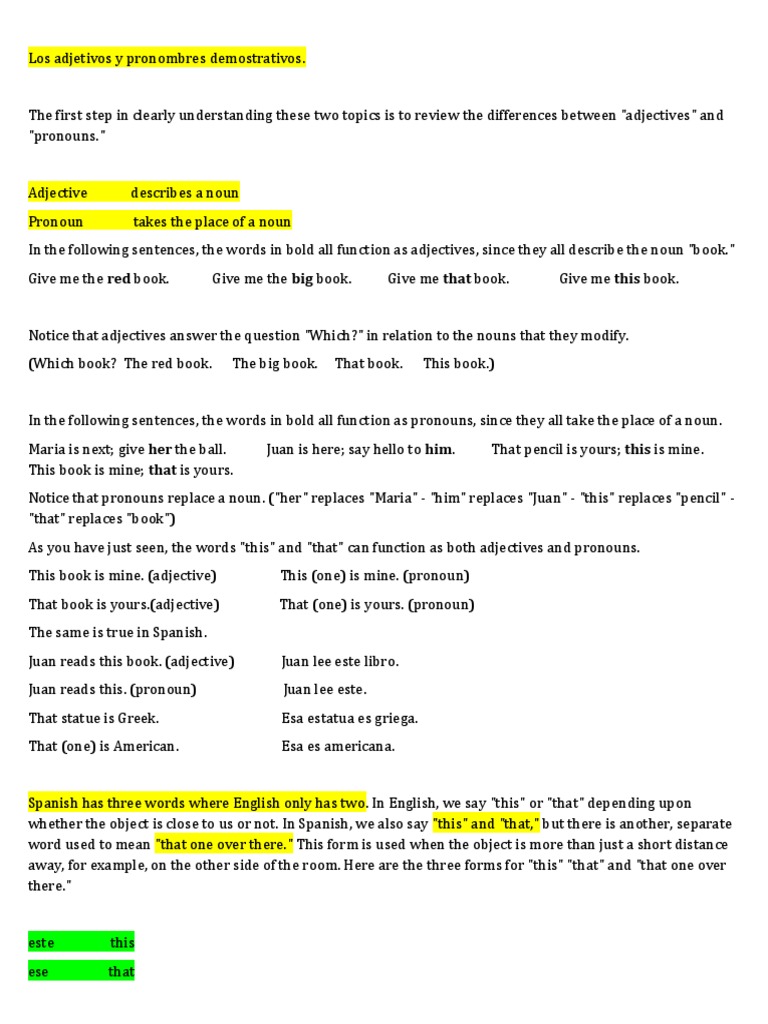 Spanish Demonstrative Pronouns & Adjectives | PDF | Grammatical Gender ...