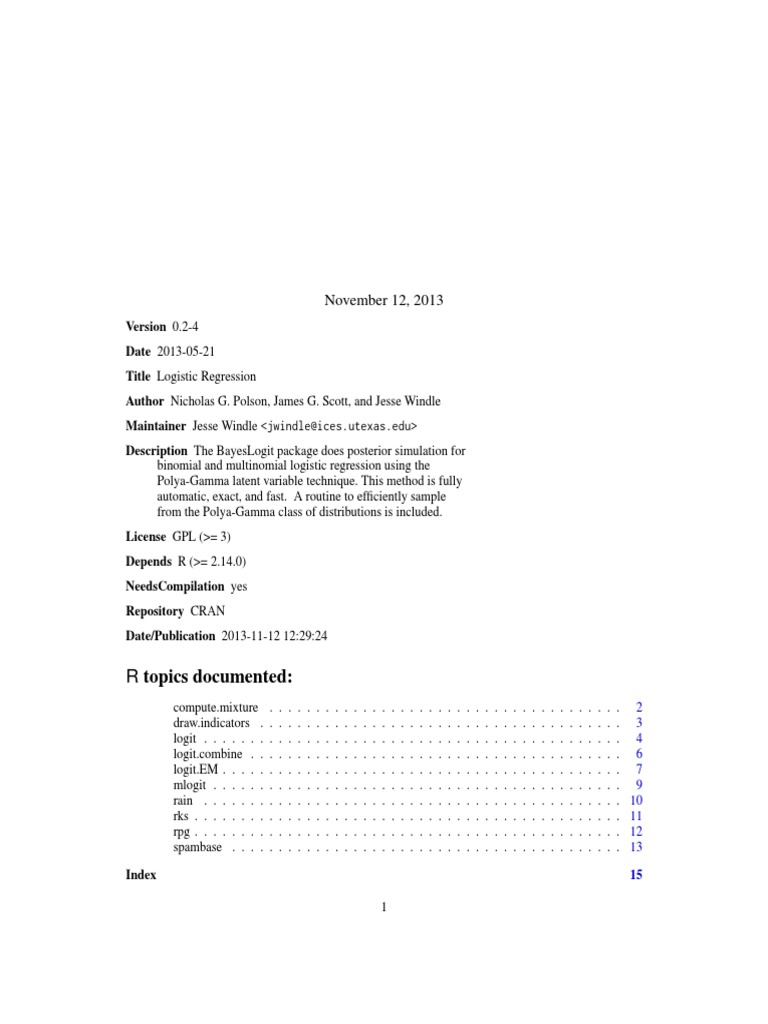 Package Bayeslogit': R Topics Documented | PDF | Logistic Regression | Regression Analysis