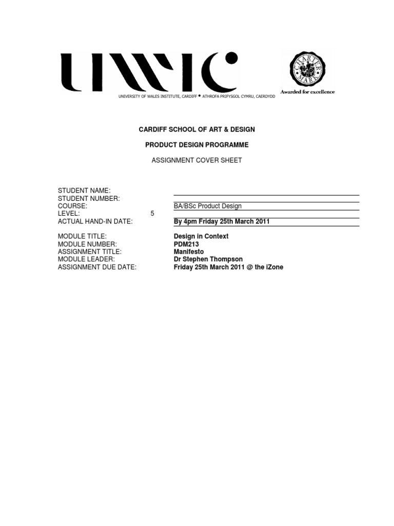 Assignment Cover Sheet: Cardiff School of Art & Design Product Design ...