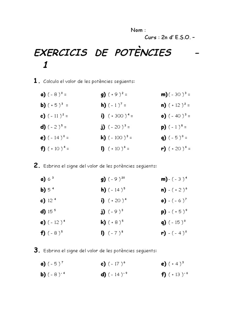 Exercicis de Potències - 1: A) B) C) D) E) F) G) H) I) J) K) L) M) N) O ...
