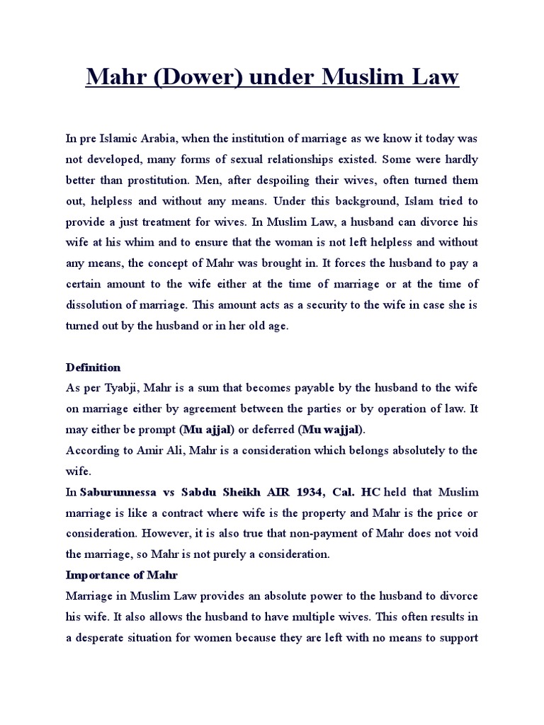 Mahr (Dower) Under Muslim Law | PDF | Wife | Marriage