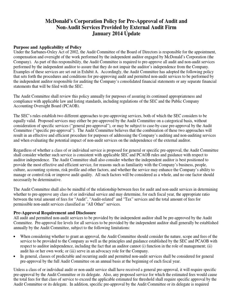 Policy For Pre Approval of Audit and Non Audit Services | PDF | Audit ...
