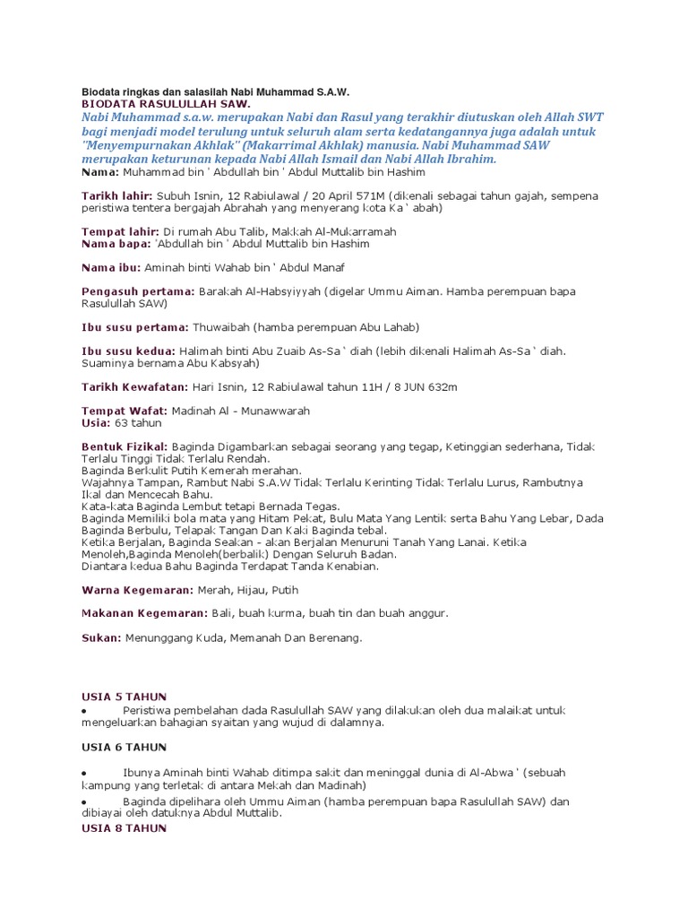 Biodata Ringkas Dan Salasilah Nabi Muhammad | PDF