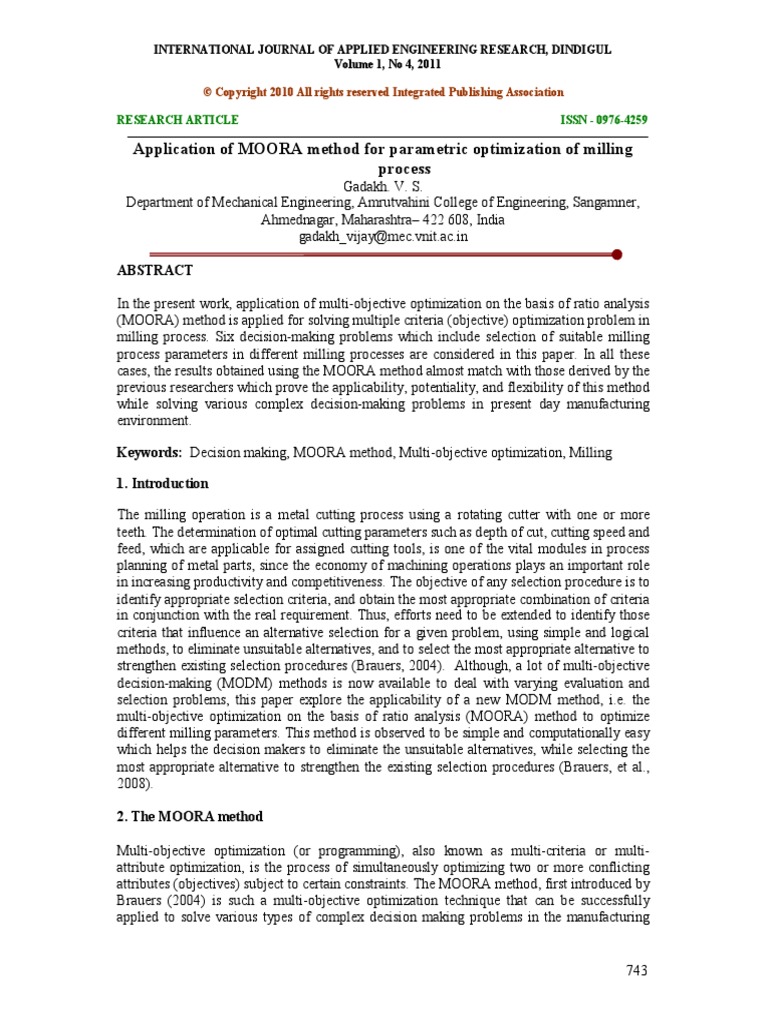 A Application Of Moora Method Fo R Parametric Optimiza Tion Of Milling Process Eijaer2040