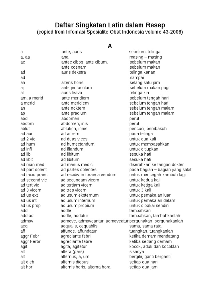 Daftar Singkatan Latin Resep PDF | PDF