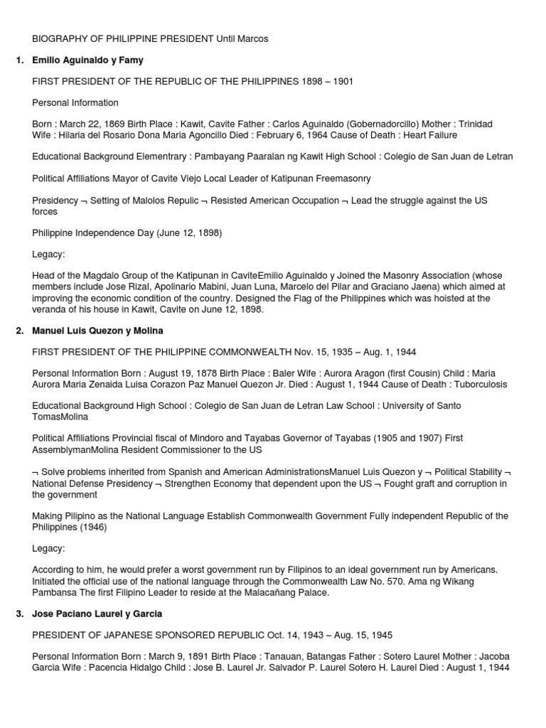 Biography of Philippine President Until Marcos | PDF | Philippines ...