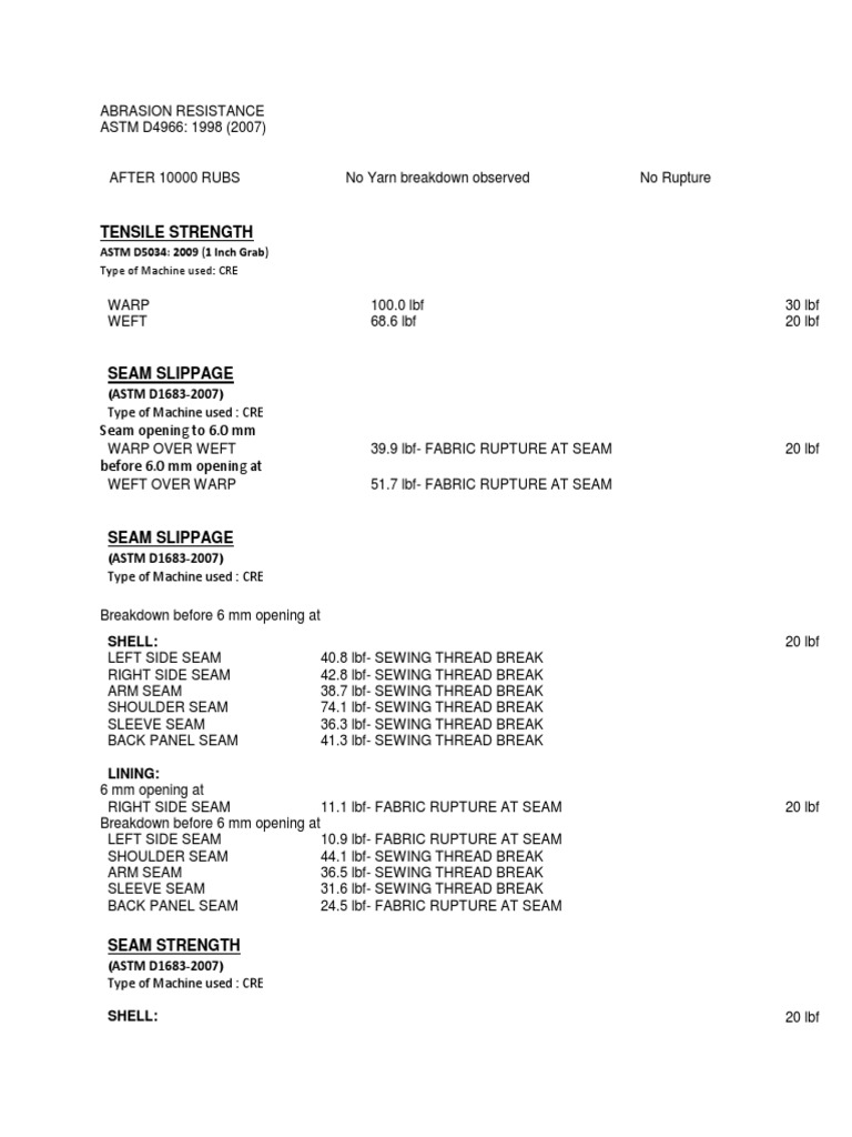 Test Report | PDF | Yarn | Seam (Sewing)