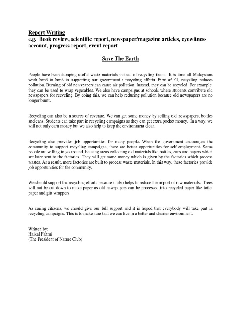 Report Writing Samples | PDF | Recycling | Pollution