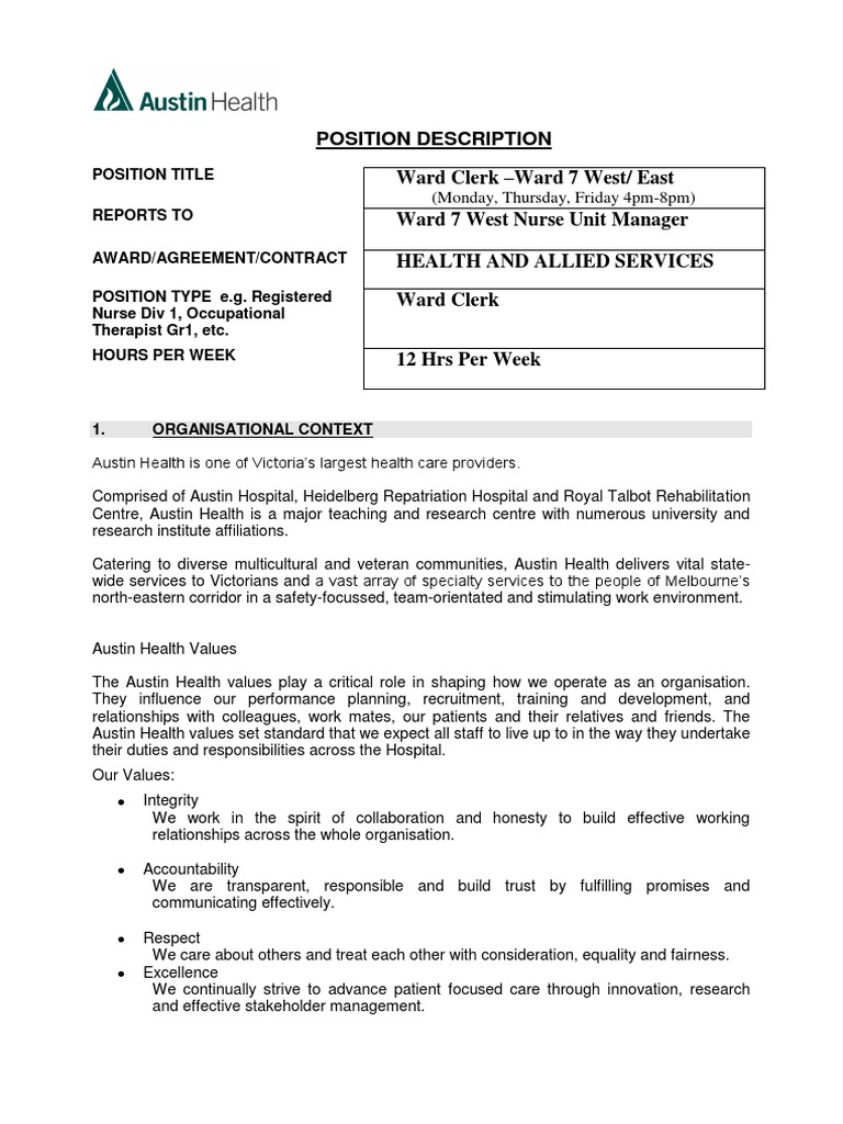 Position Description Ward Clerk - Ward 7 West/ East Ward 7 West Nurse ...