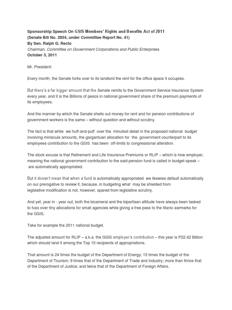 Sponsorship Speech on GSIS Members Rights and Benefits Act of 2011 ...