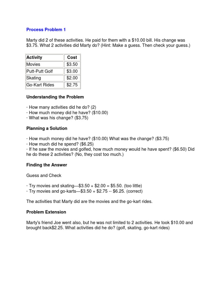 Math Problem Solving Activities | PDF | Teaching Methods & Materials