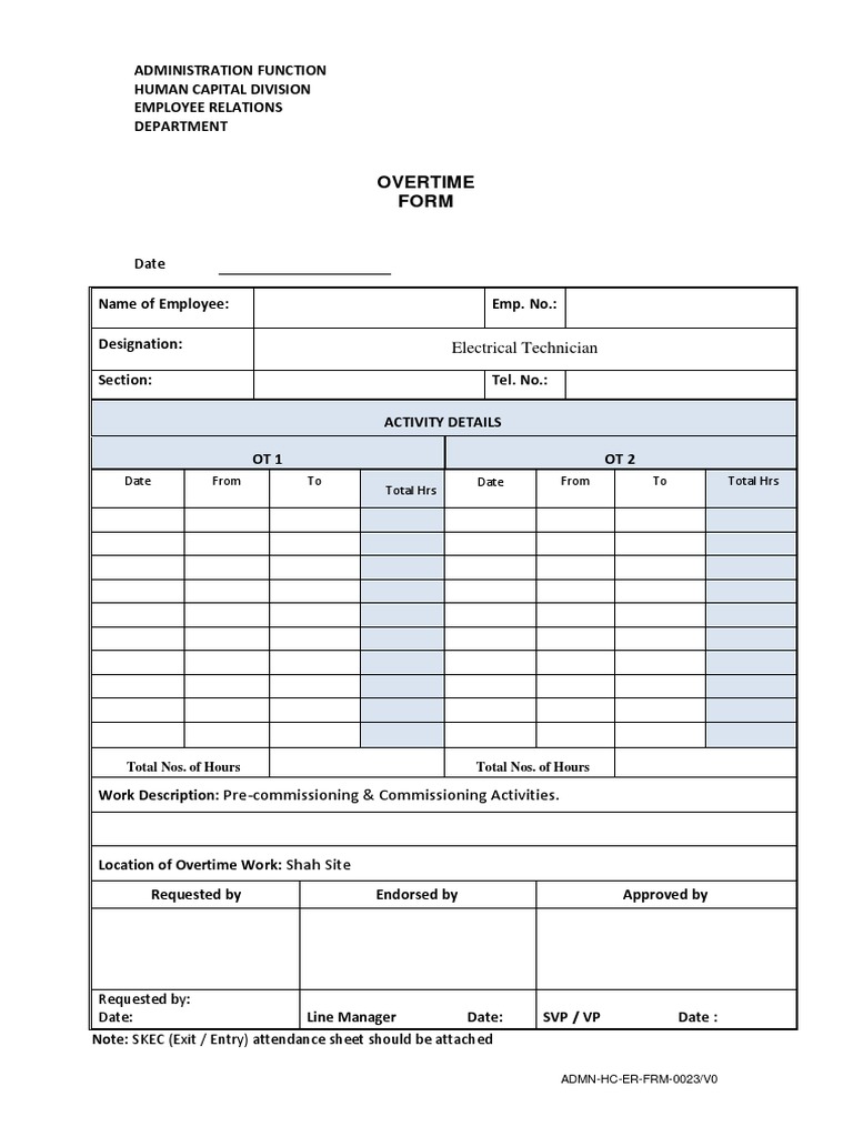 Overtime Form: Electrical Technician | PDF