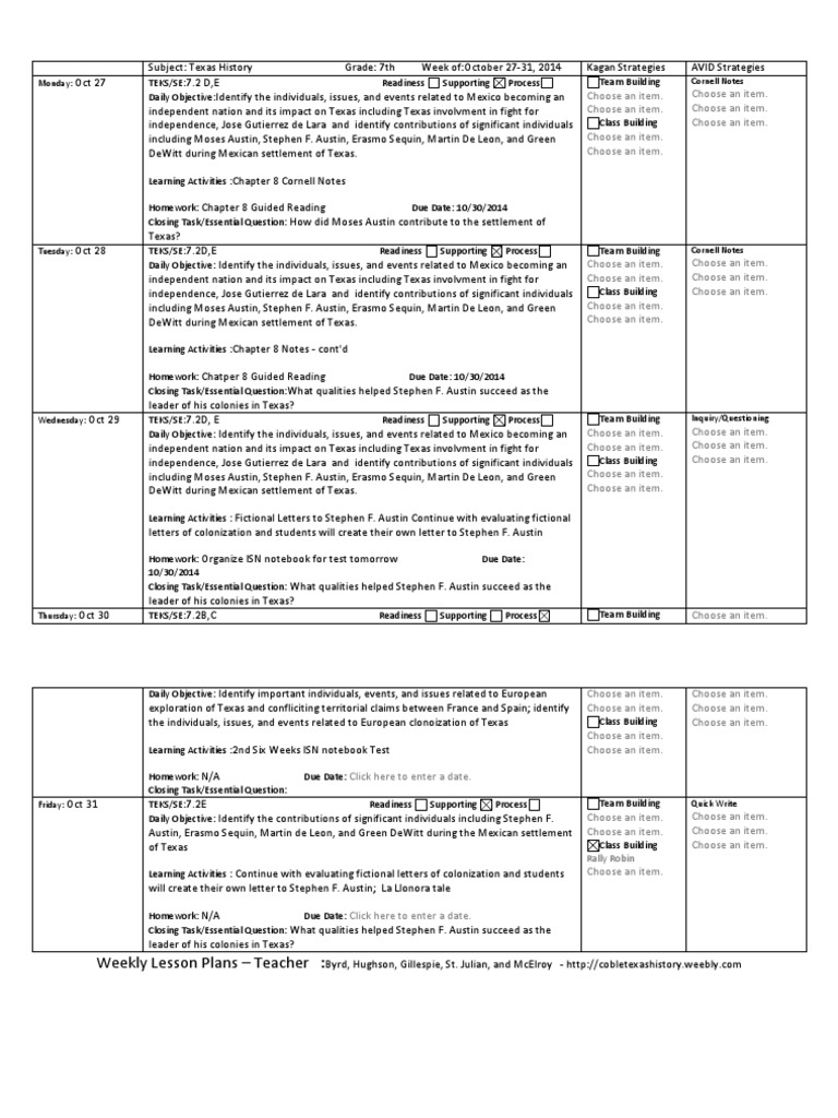 Texas History Lesson Plans Ss2 Wk4 10-27-31-2014 | PDF | Texas | Homework