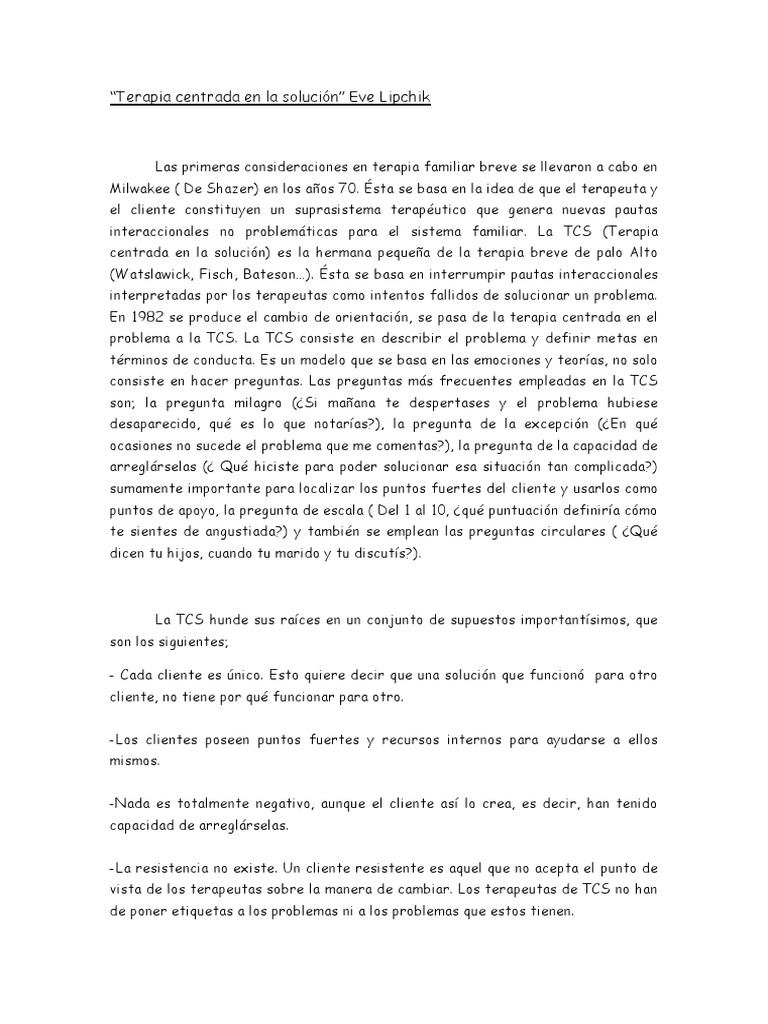 Resumen - Terapia Centrada en La Solución - Eve Lipchik | Descargar ...