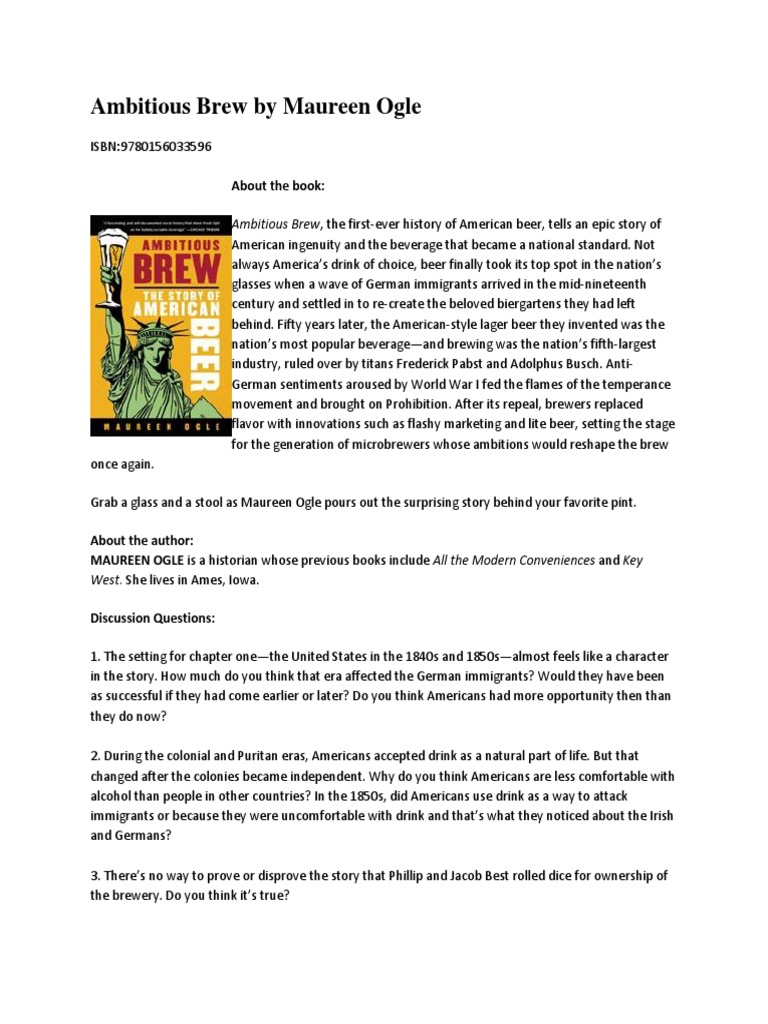 Ambitious Brew by Maureen Ogle - Discussion Questions | PDF | Microbrewery | Prohibition