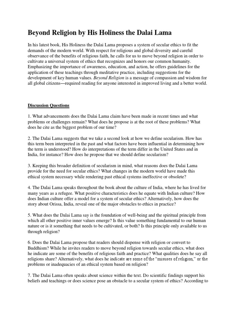 Beyond Religion By His Holiness The Dalai Lama Discussion Questions