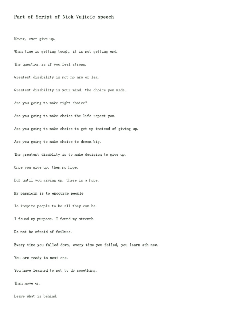 Part of Script of Nick Vujicic Speech | PDF | Prayer | Religion And Belief