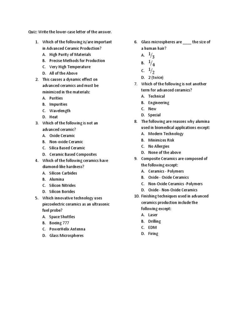 Quiz Ceramics | PDF | Ceramics | Silicon