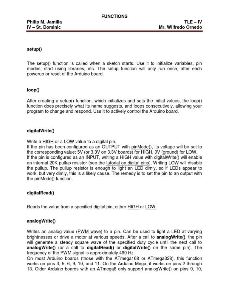 Functions of Arduino | PDF | Arduino | Analog To Digital Converter