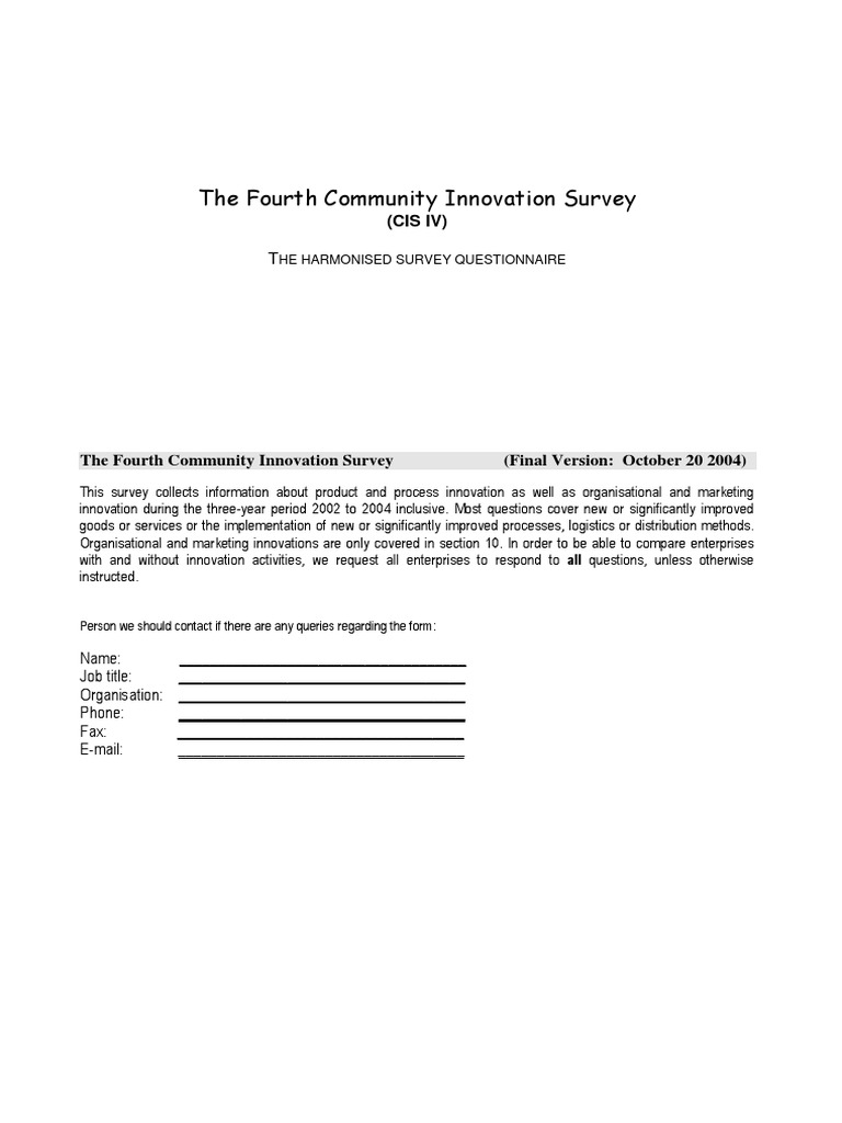 The Fourth Community Innovation Survey: (Cis Iv) | PDF | Research And ...