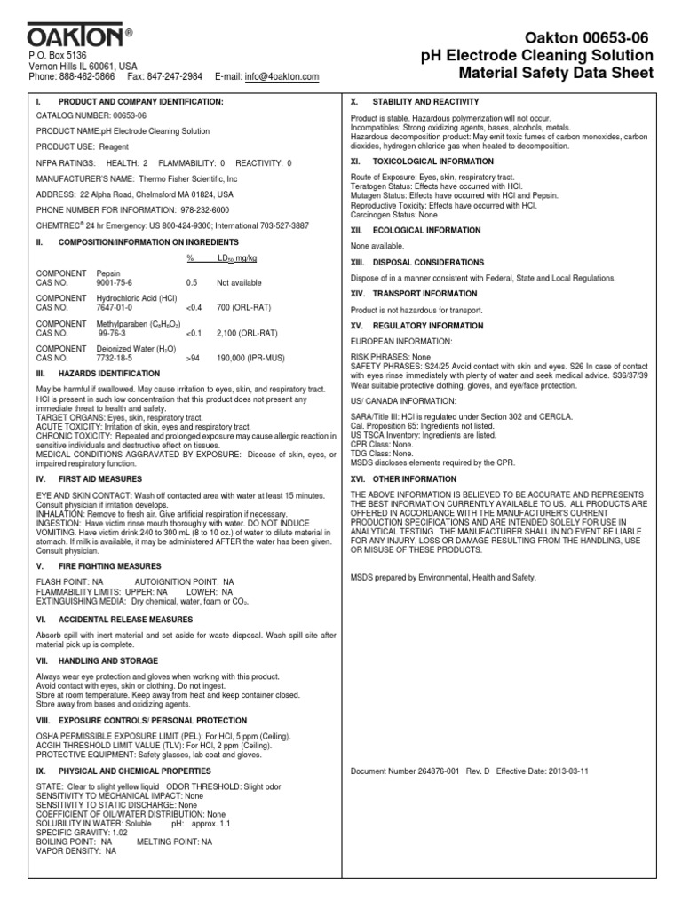 Oakton 00653-06 PH Electrode Cleaning Solution Material Safety Data ...