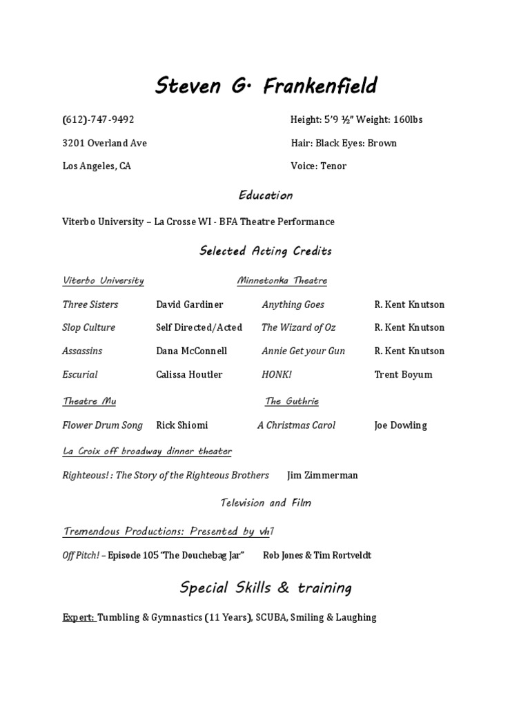 Steven G. Frankenfield Acting Resume | PDF