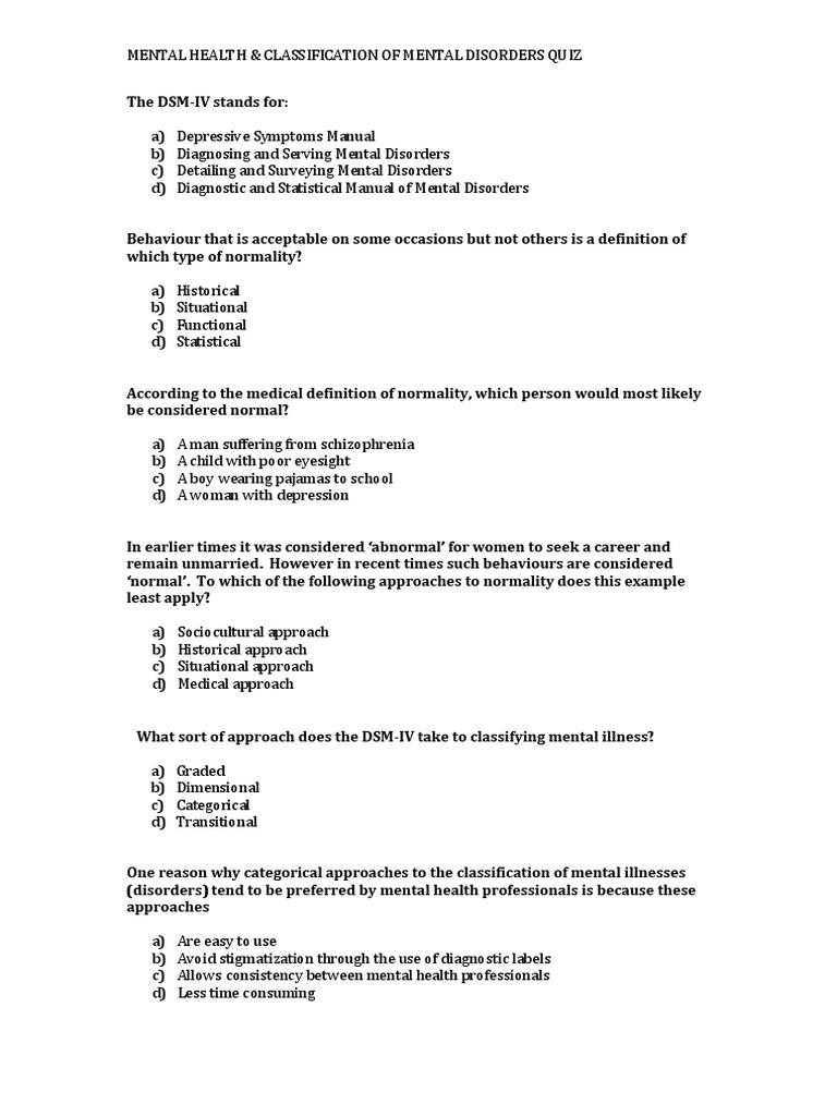 Classifying Mental Illness Quiz | PDF | Mental Disorder | Diagnostic ...