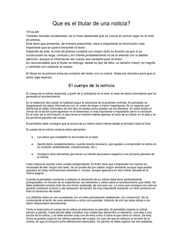Definición de titular en noticias | PDF | Periodismo | Información