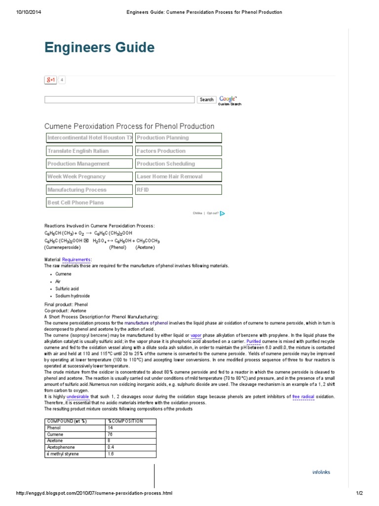 Cumene Peroxidation for Phenol Production | PDF | Peroxide | Distillation