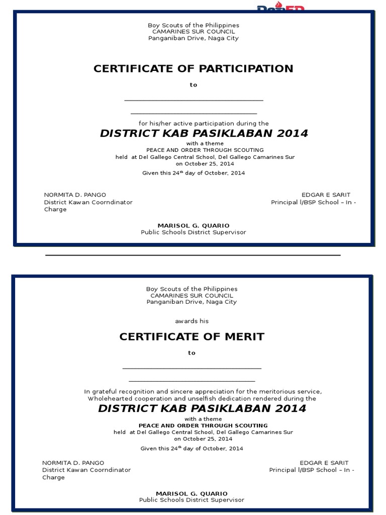 Certificate Of Participation District Kab Pasiklaban 2014 Pdf