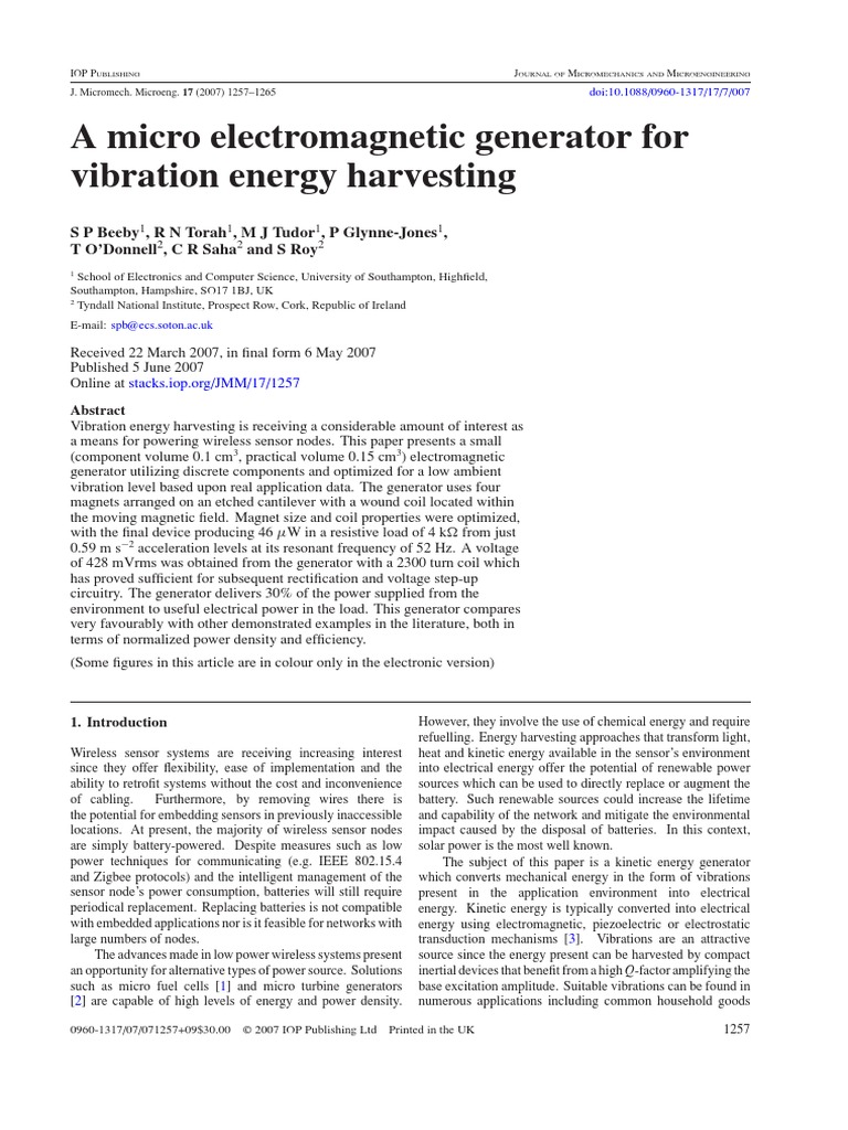 A Micro Electromagnetic Generator For Vibration Energy Harvesting | PDF ...