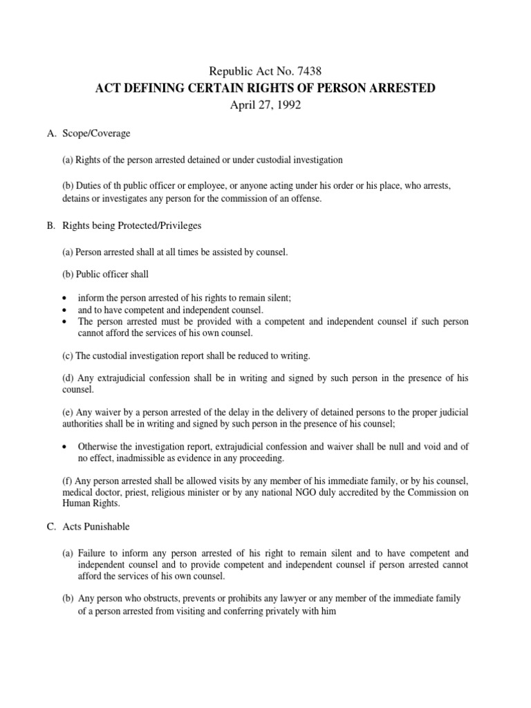 Republic Act No 7438 | PDF | Ethical Principles | Criminal Justice