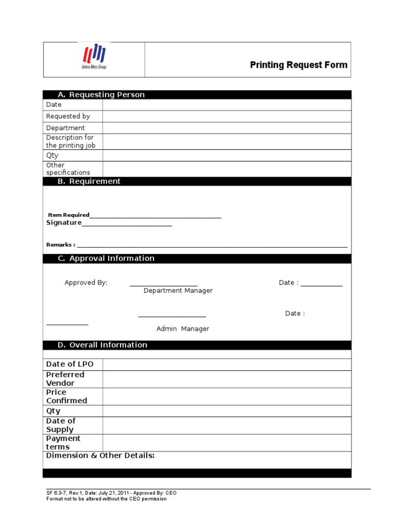 Printing Request Form: A. Requesting Person | PDF | Business | Finance ...