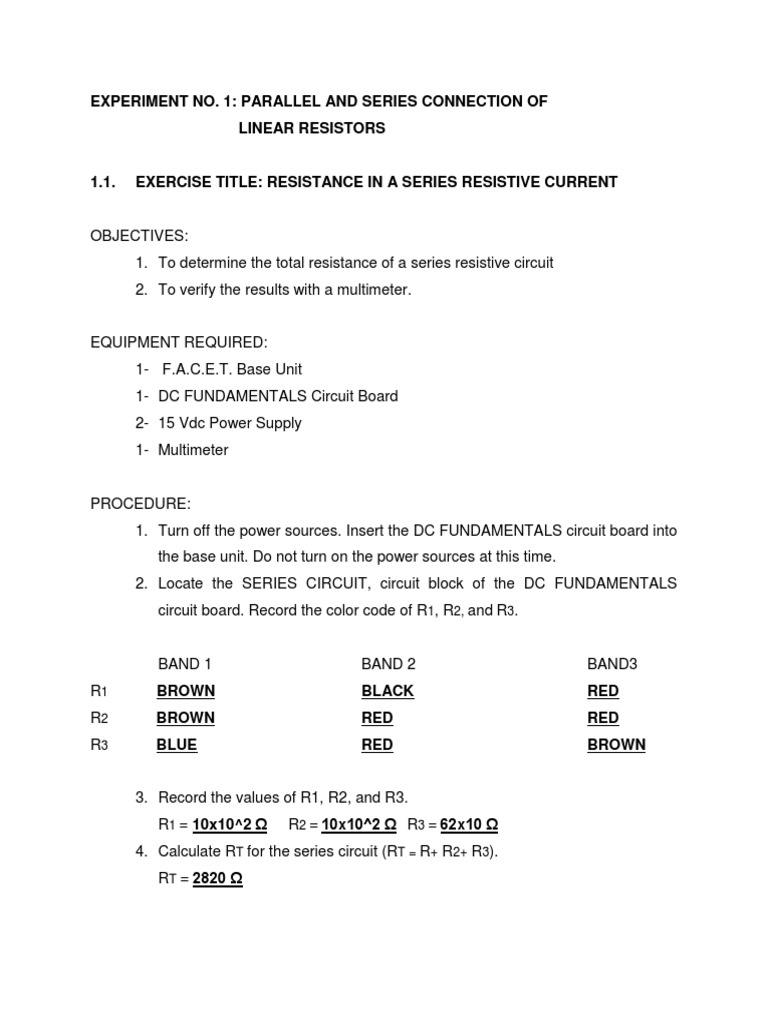 PARALLEL AND SERIES CONNECTION OF LINEAR RESISTORS Experiment | PDF ...