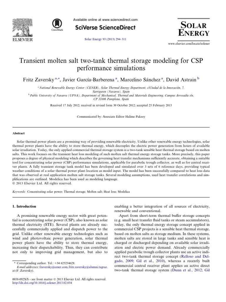 Transient Molten Salt 2 Tank TS Modeling For CSP | PDF | Heat Transfer ...