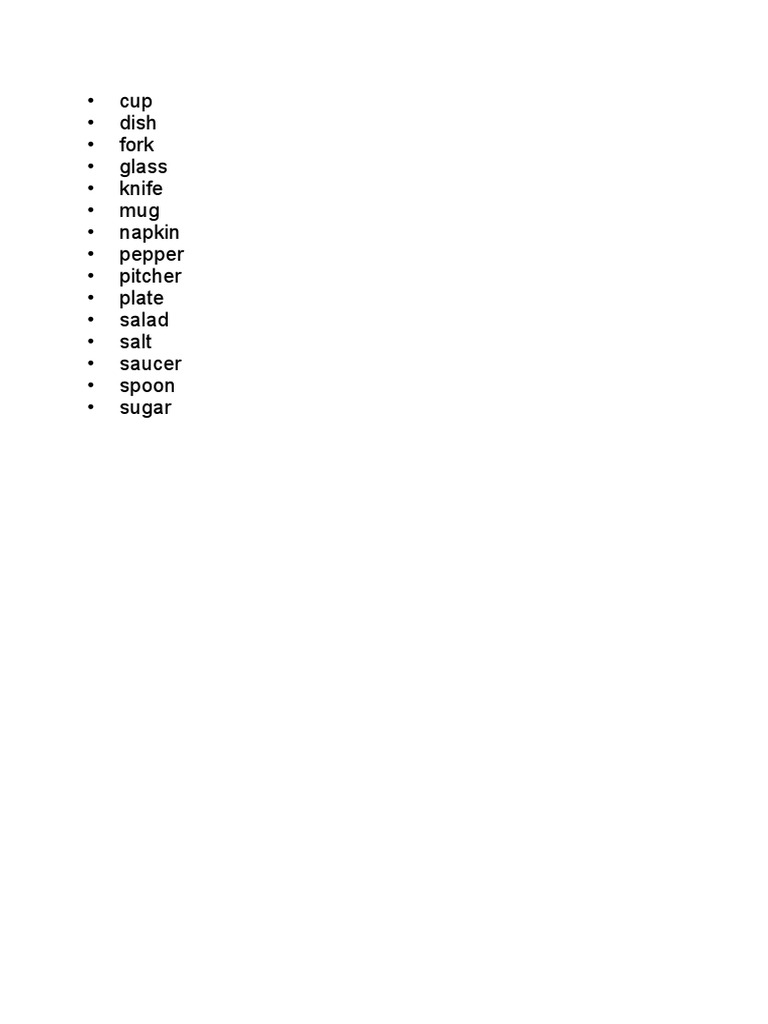 Tableware Vocabulary List | PDF