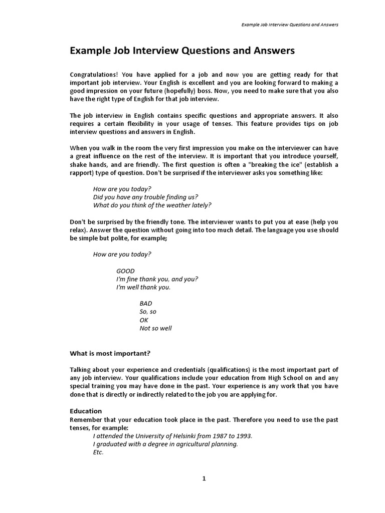 Example Job Interview Questions and Answers | PDF | Job Interview ...
