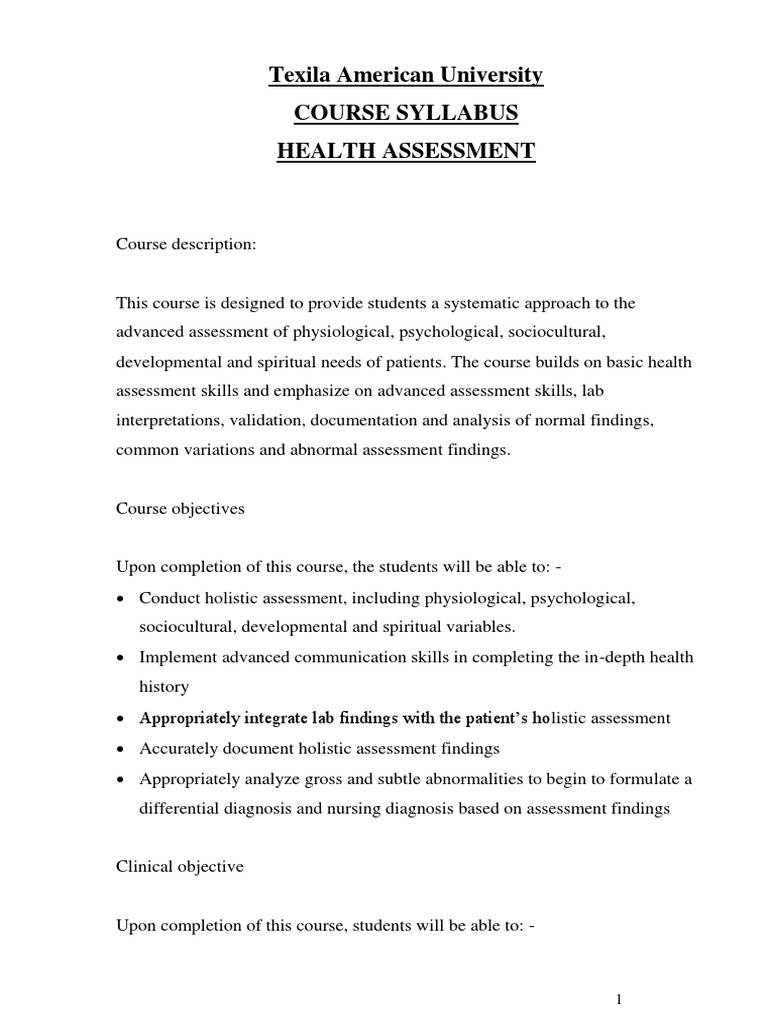 Curricullum - Health Assessment Syllabus-1 | PDF | Educational ...