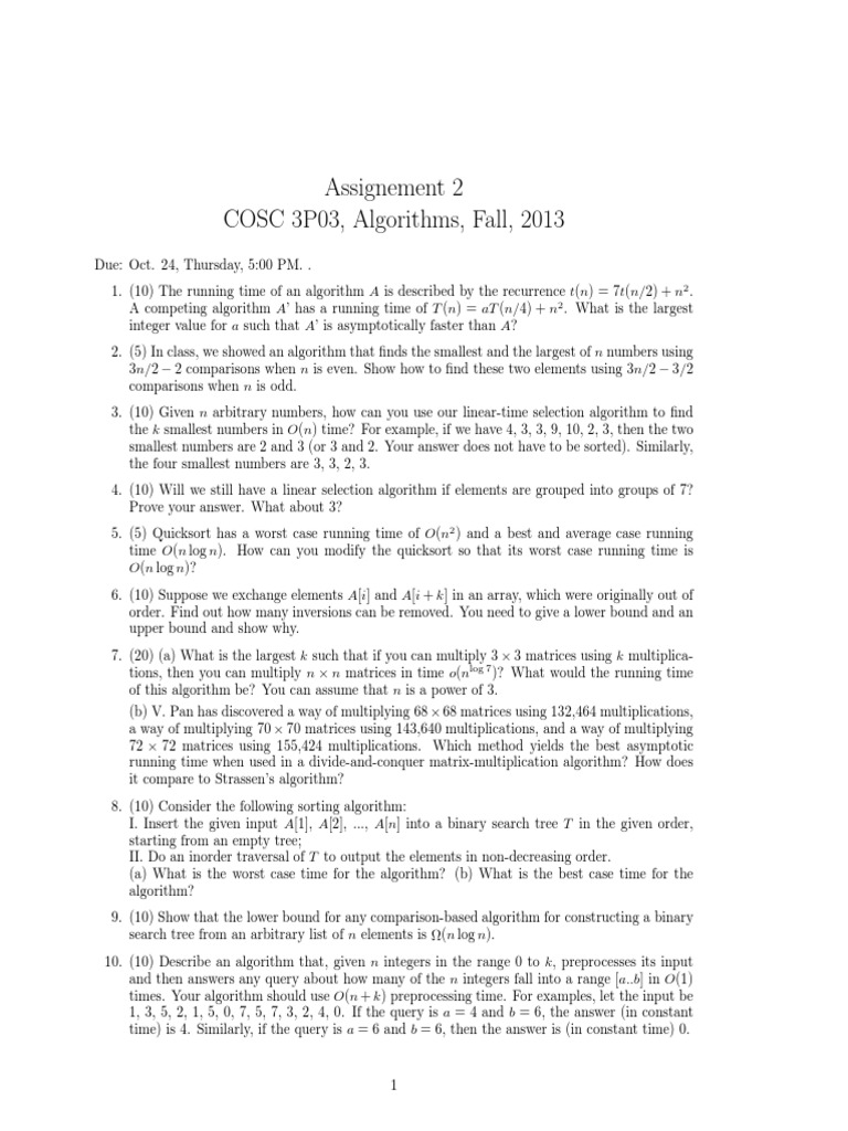Algorithms Assignment Time Complexity Theoretical Computer Science